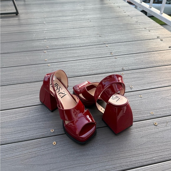 Shoes | Red Patent Leather Square Toe Block Heels | Poshmark